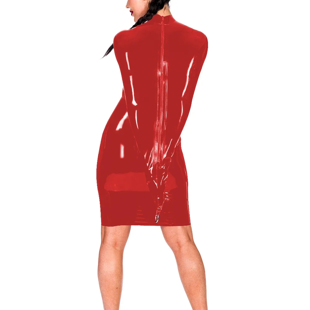 Novelty Wetlook Restraint Dress with Back Zipper Sexy Turtleneck Full ...