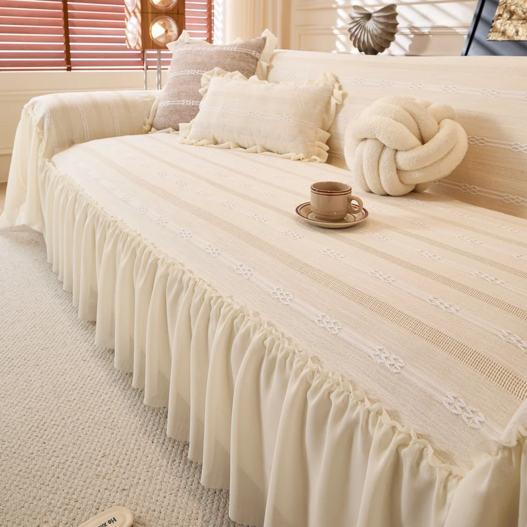 Solid Color Embroidered Sofa Towel with Lace Edge Ruffle Hem, Linen ...