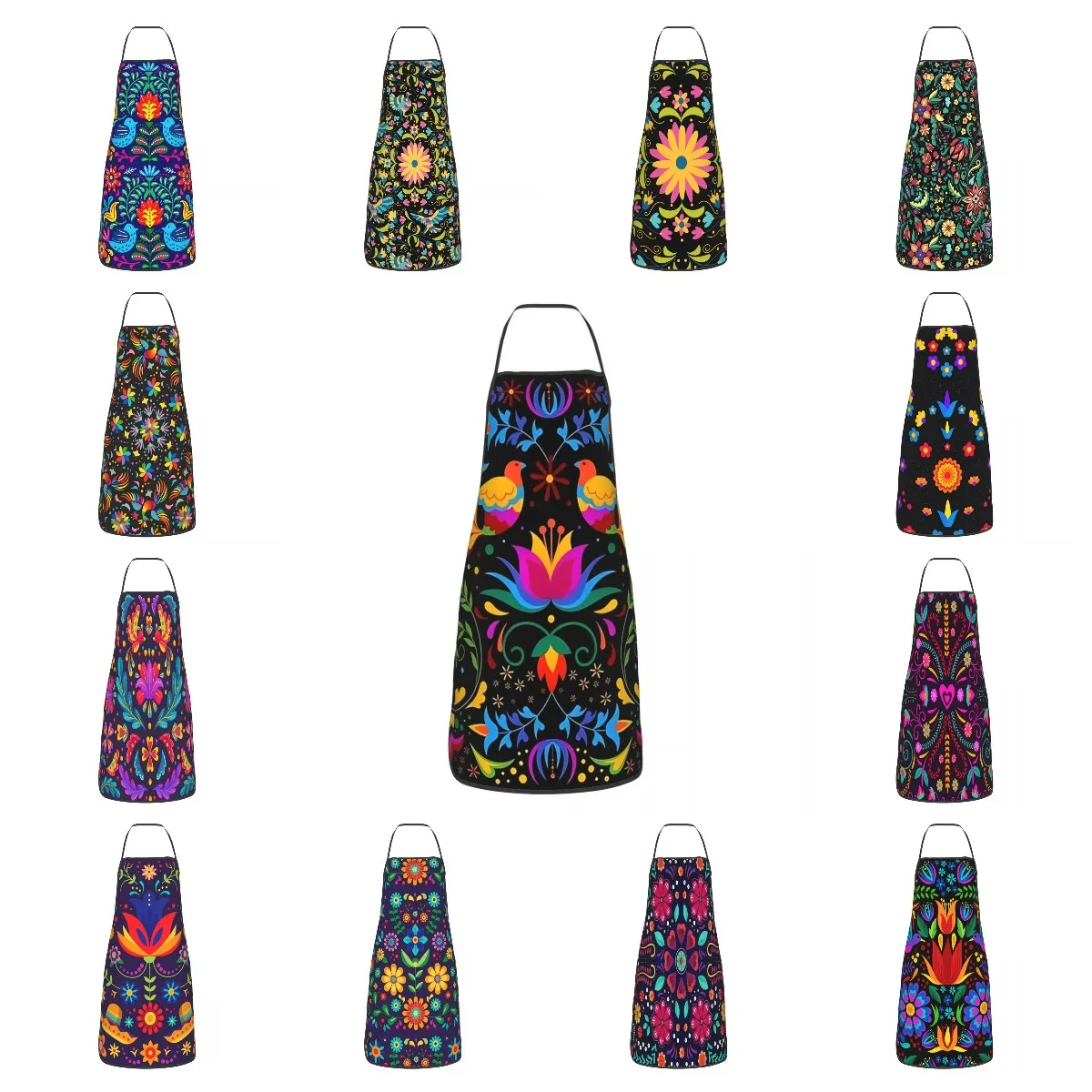 Colorful Mexican Flowers Pattern Apron Kitchen Chef Cooking Baking Bib ...