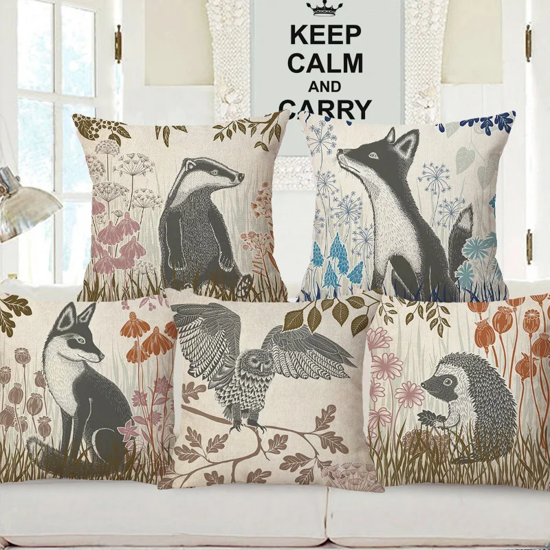 Hand Painting Rustic Animals Badger Hare Fox Bird Owl Hedgehog Plants ...