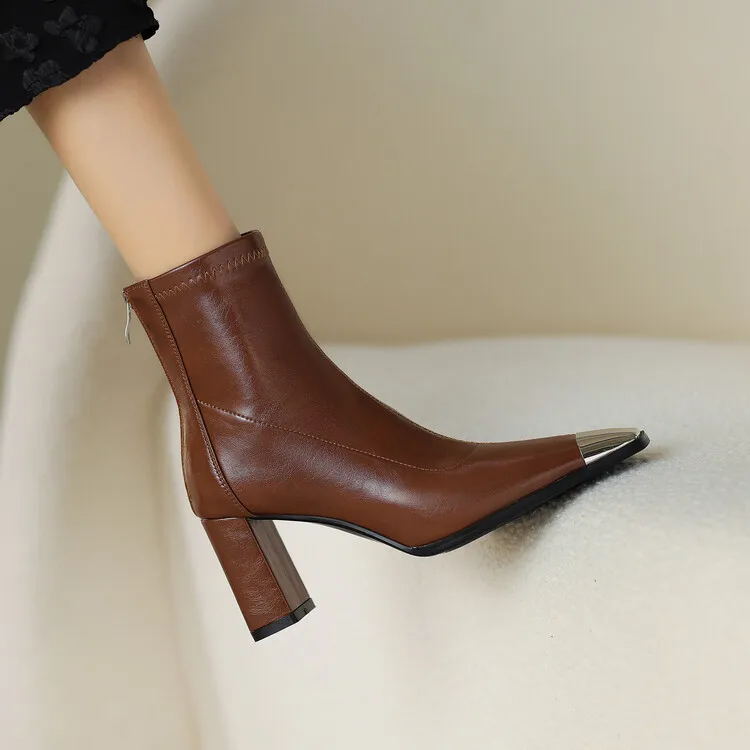 Botines-de-cuero-marr-n-con-punta-cuadrada-para-Mujer-Botas-cortas-de ...