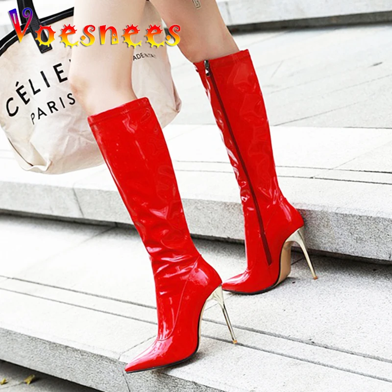 Red-Soft-Lacquer-Leather-Long-Boots-Side-Zipper-10CM-Sexy-Model-High ...