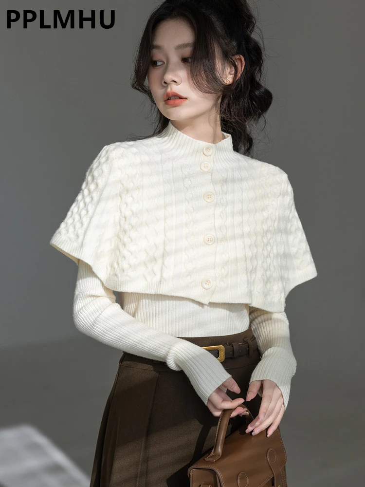 Korean Cloak Sweater 2 Piece Sets Fall Winter Retro Thick Mock Neck ...