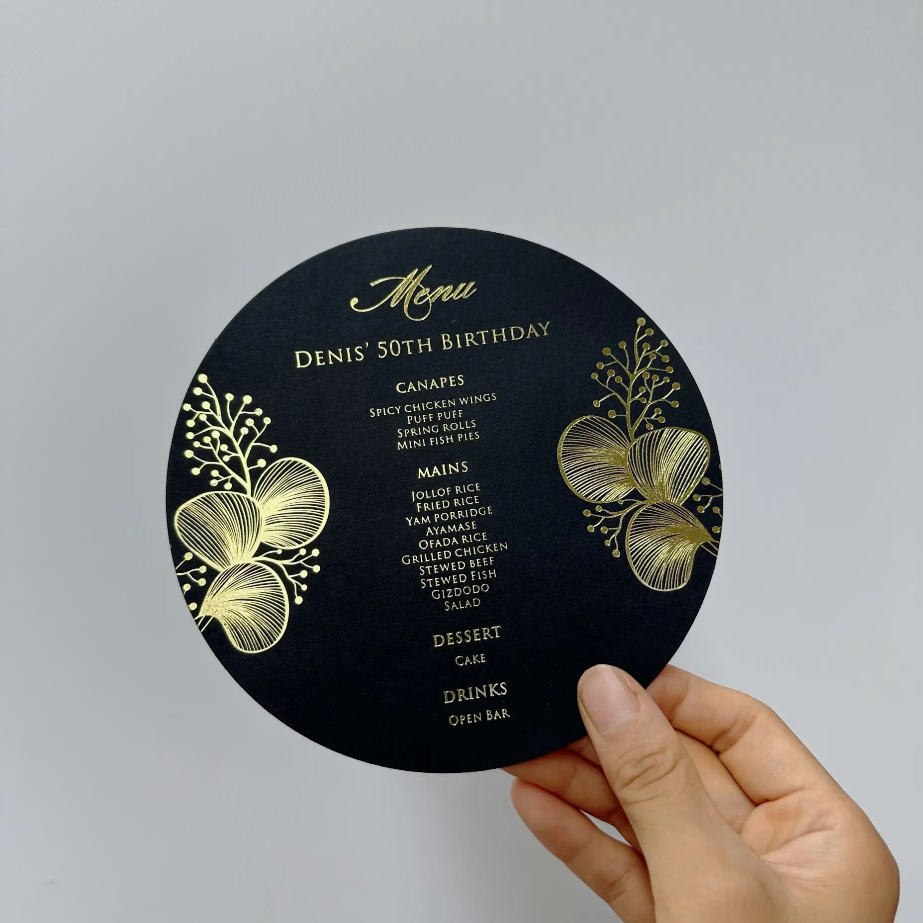 Gold-foil-Round-Plate-Circle-Shape-Menu-card-Black-with-gold-foil-print ...