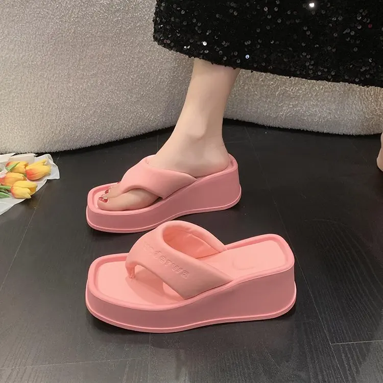 여성용 웨지 로퍼 하이힐 신발 여성용 슬리퍼 야외 낮은 고무 플립 플롭 팬토플 플랫폼 슬라이드 하와이 2023 S