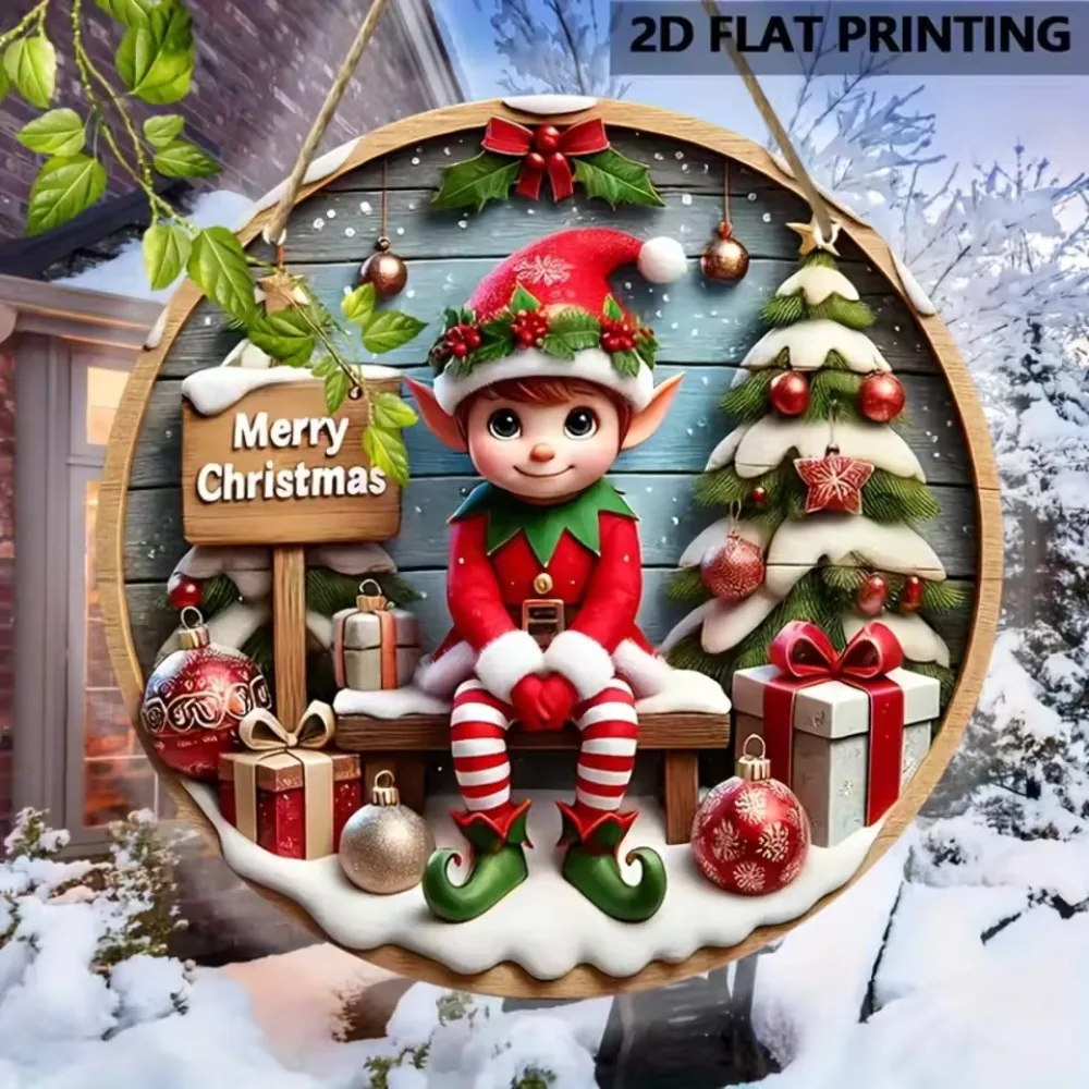 2D Charming Christmas Elf Circular Wooden Sign, Suitable for Home ...