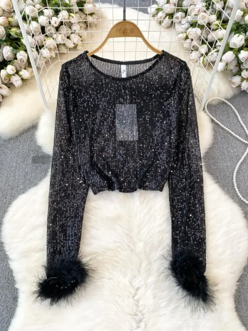 Spring-and-Autumn-Fashion-Furry-Stitching-Cuff-round-Neck-Loose-Glitter ...
