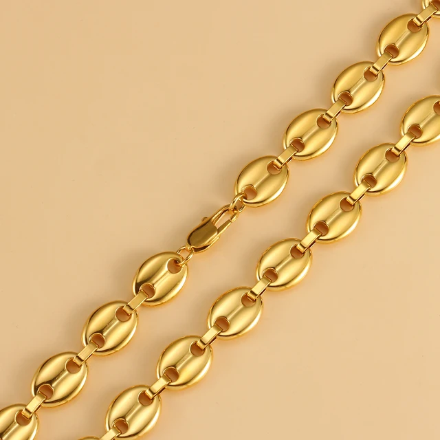 Coffee Bean Chain Necklace Bracelet for Men Women Gold Plated Stainless ...