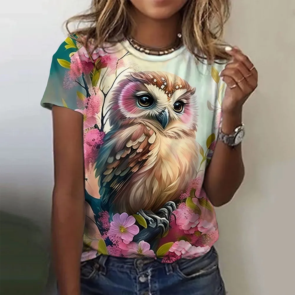 2024-New-Style-T-Shirt-For-Women-Owl-Print-Femal-Blouse-Summer ...