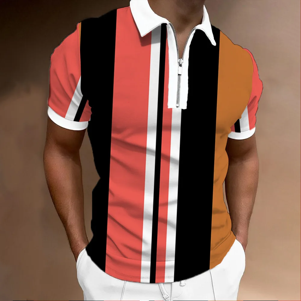 Men's Slim Fit Striped Printing Polo Shirt Men Zipper Lapel Solid Polo Shirts Brand Men Short ...
