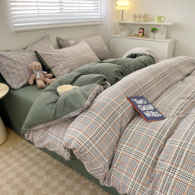 Nordic-Plaid-Pattern-Wash-Cotton-Bedding-Set-Duvet-Cover-Pillowcase-Bed ...