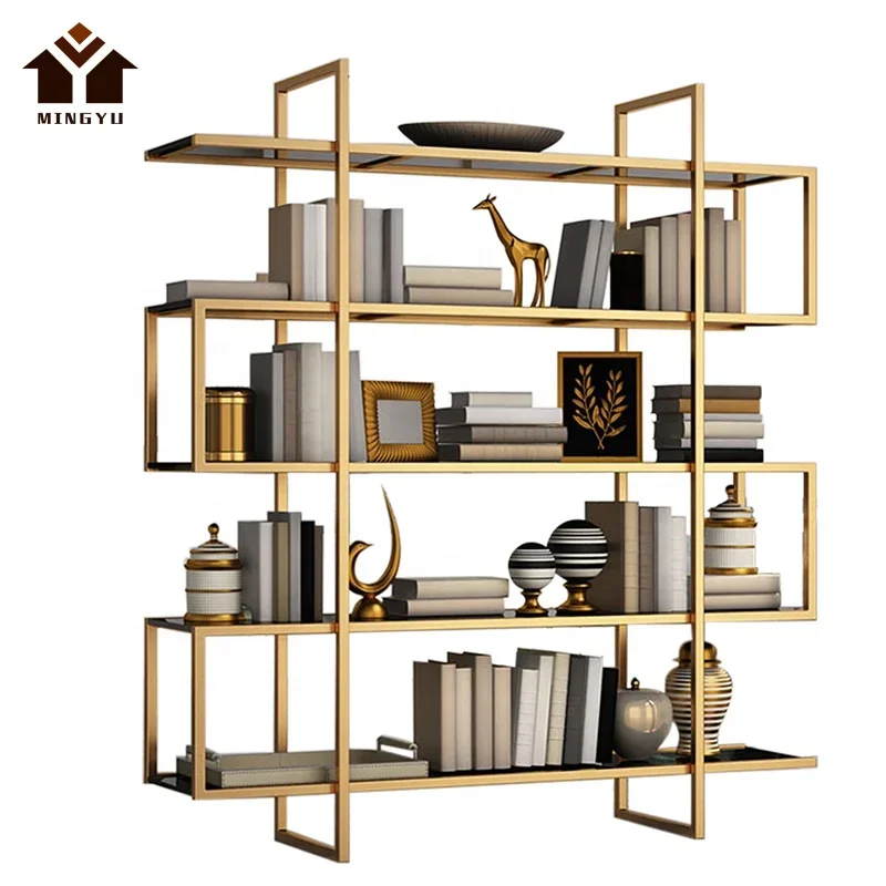 Modern-Design-Display-Shelves-Gold-Color-Stainless-Steel-Glass-Shelves ...