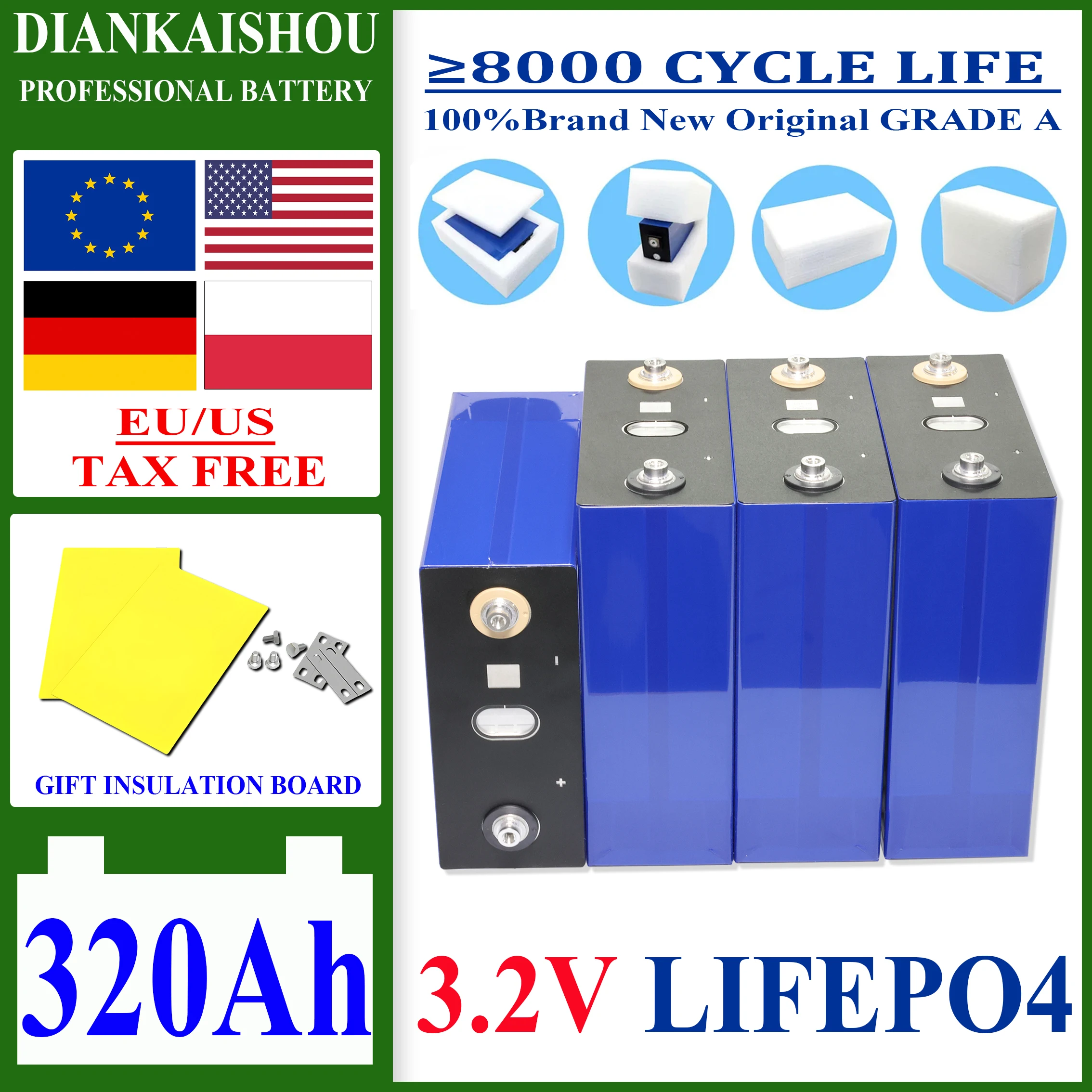1-16PCS 3.2V 320Ah Lifepo4 Grade A 12V 24V 48V Rechargable Lithium Iron ...