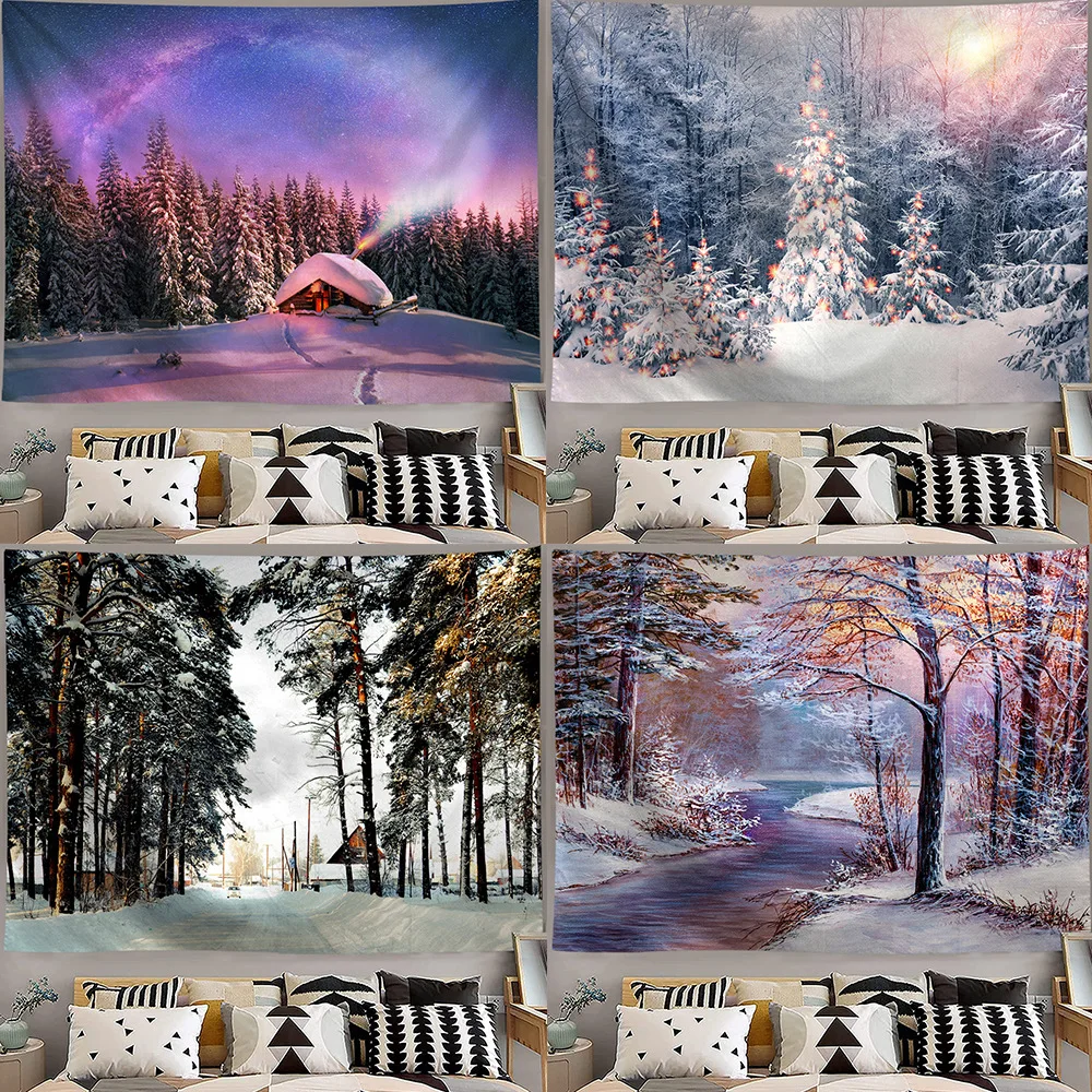 Christmas Forest Snow Scene Tapestry Tree Wall Hanging Living Room ...