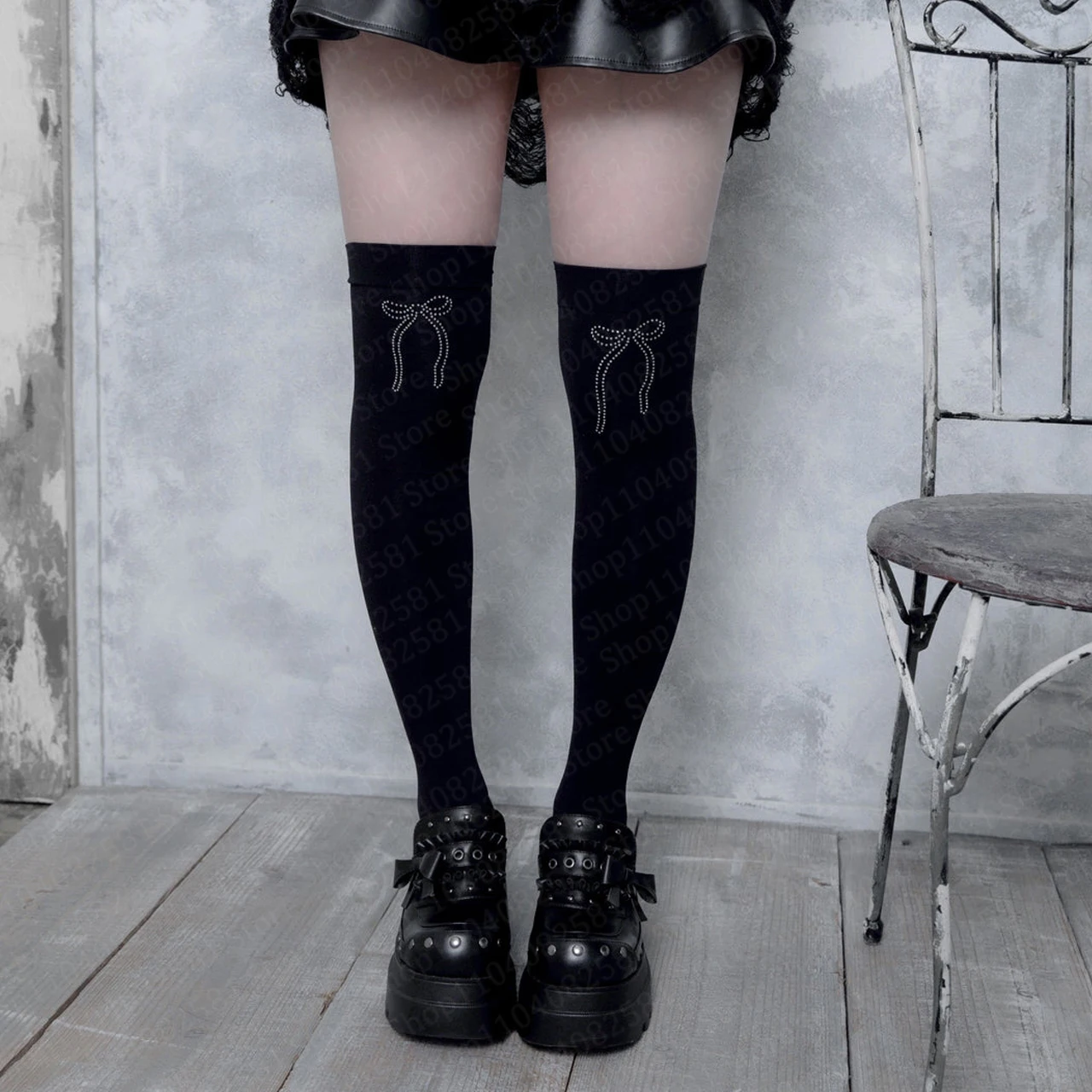 Gothic American Fashion Black Bow Willow Nail Printed Knee Socks Y2K ...