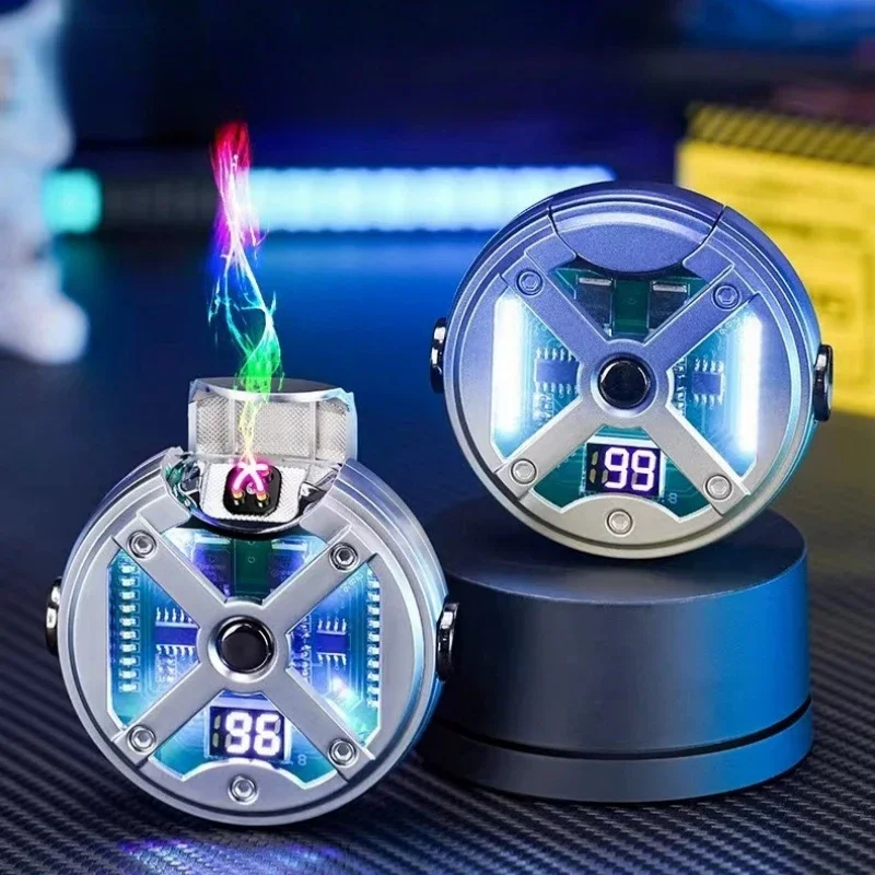 Creative-Metal-UFO-Gyroscope-Windproof-Double-Arc-USB-Lighter-LED-Color ...