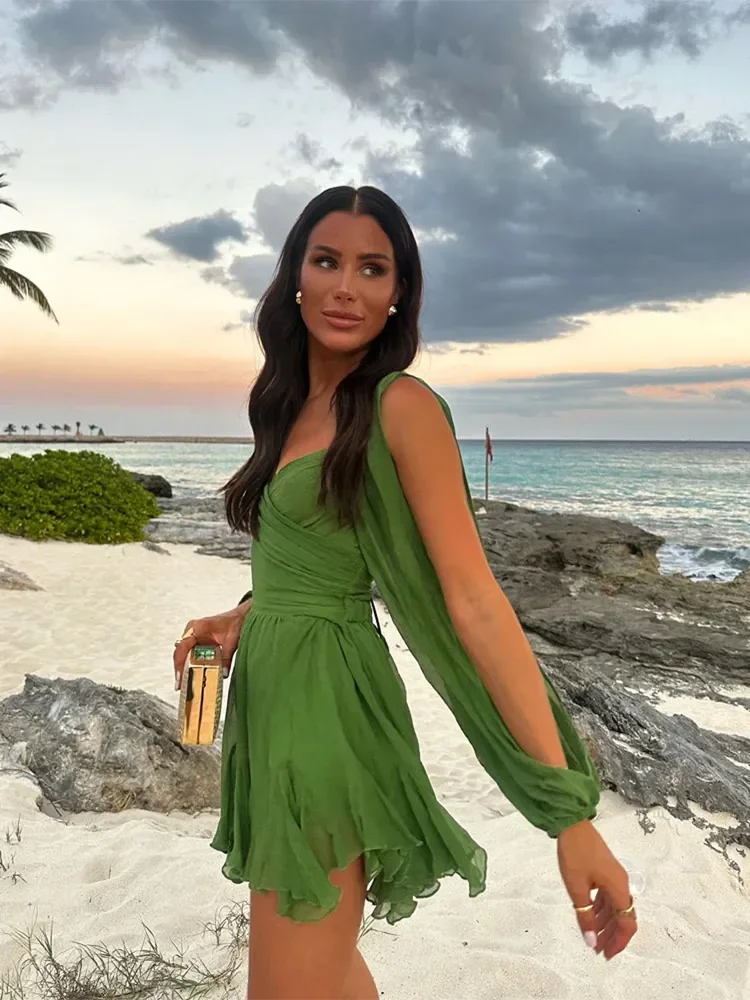 Elegante-Split-Lange-Mouw-Vrouwen-Mini-Jurk-Mode-Groene-V-Hals-Rugloze ...