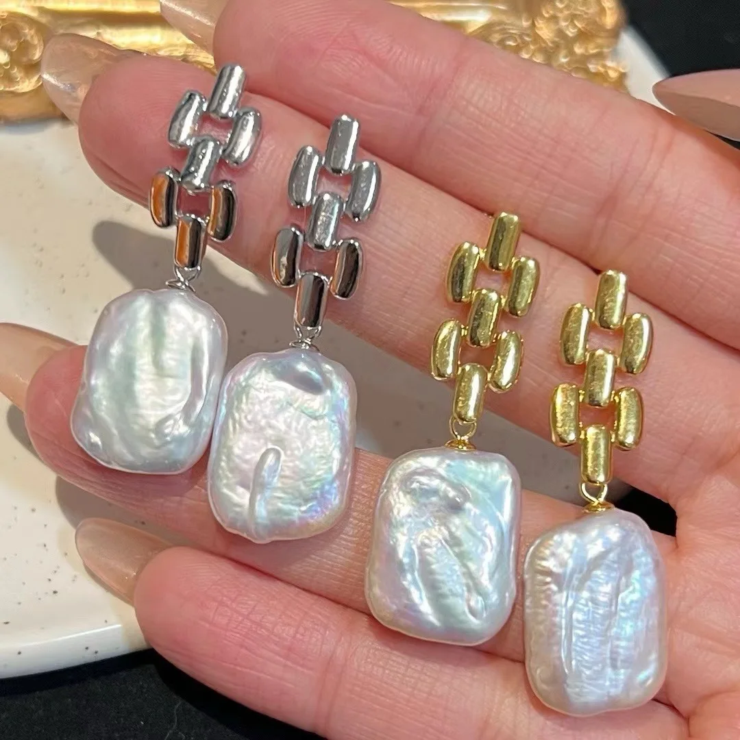 Natural freshwater square Baroque Pearl earrings 925 sterling silver ...