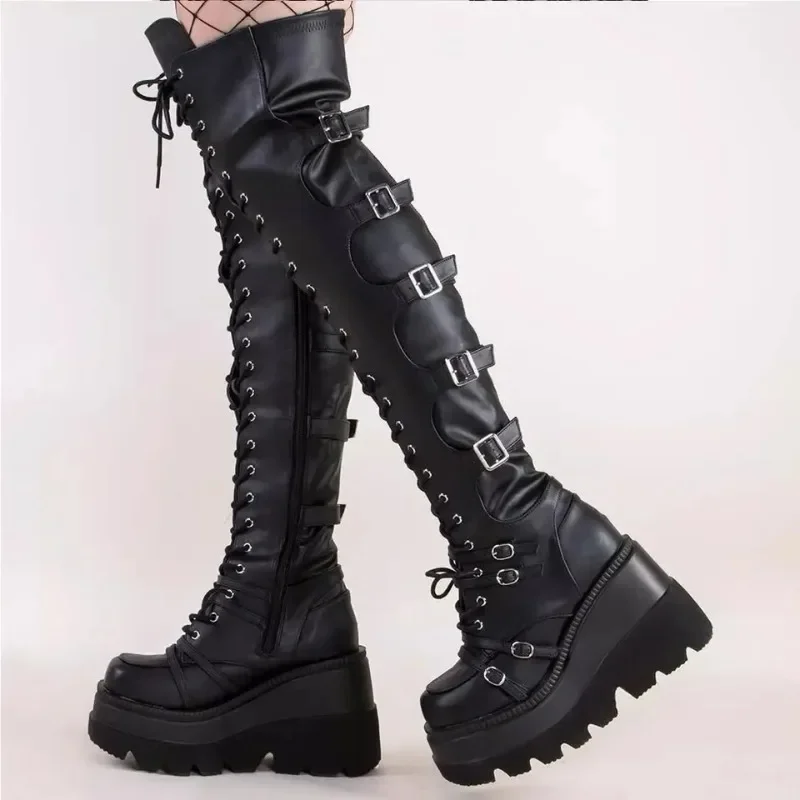 Gothic-Thigh-High-Boots-Women-Platform-Wedges-Motorcycle-Boot-Over-The-Knee-Army-Stripper-Heels ...