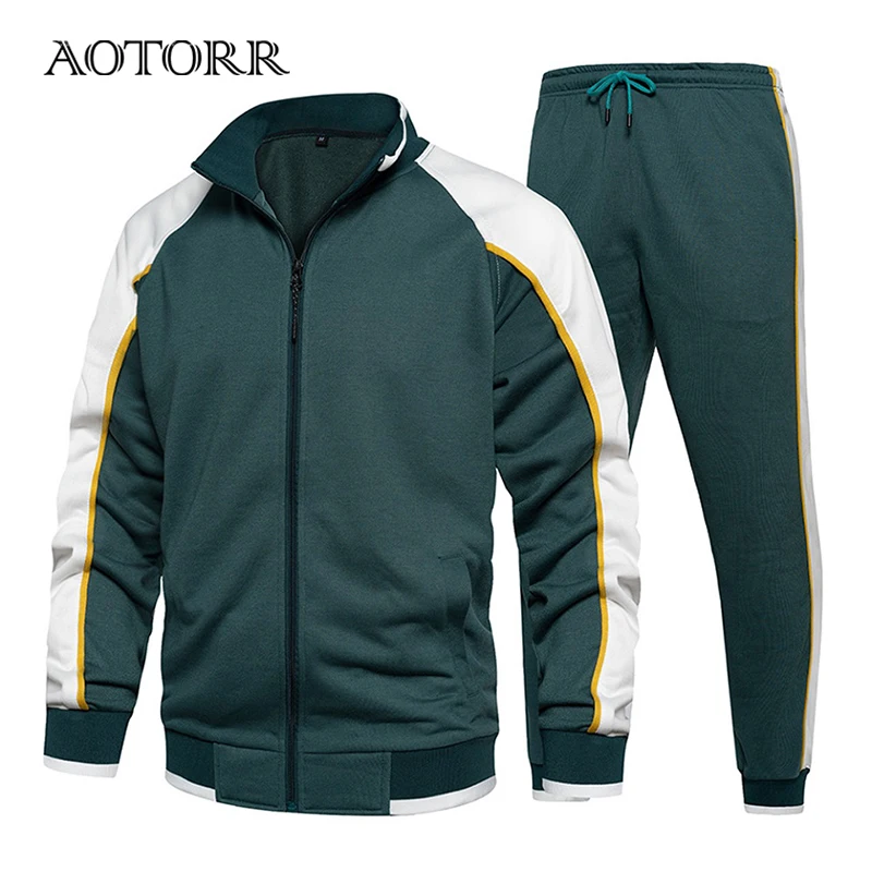남자 Tracksuit 캐주얼 봄 가을 남자 조깅 스포츠웨어 자켓 바지 2 조각 세트 패치 워크 러닝 스포츠 정장 Eu 크기