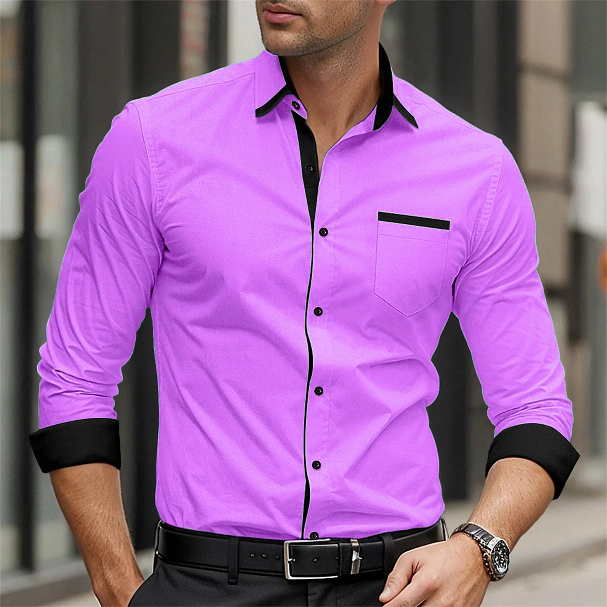 2024-New-Men-s-Shirt-Solid-Color-Splicing-Printed-Collar-Shirt-Fashion ...