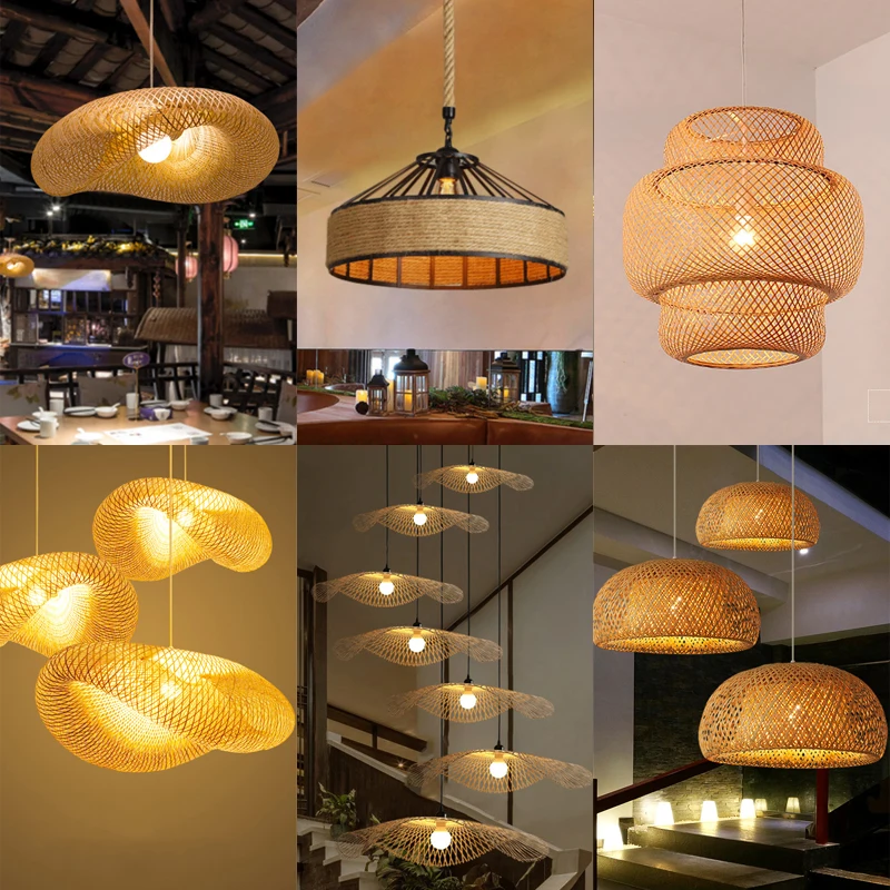 Mão tecido luzes pingente de bambu tecelagem teto lustre lâmpada vime ...