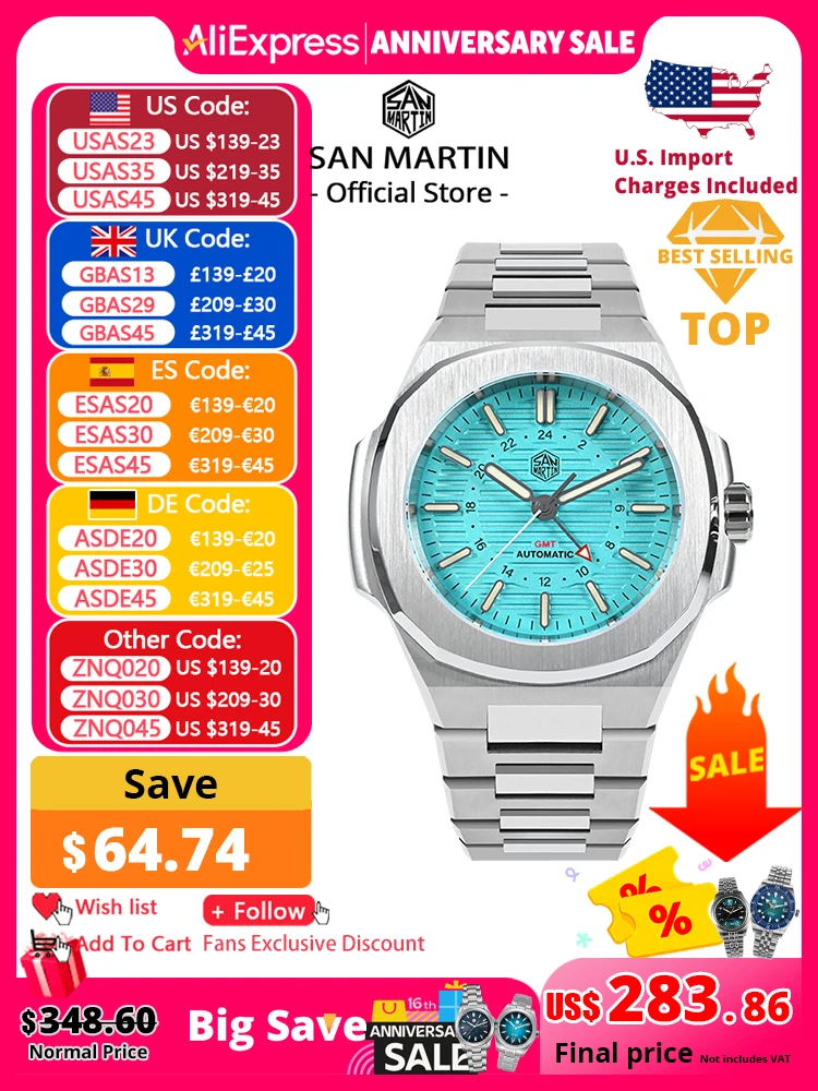 San Martin Mens Watch New 43mm GMT Classic Business Luxury Automatic ...