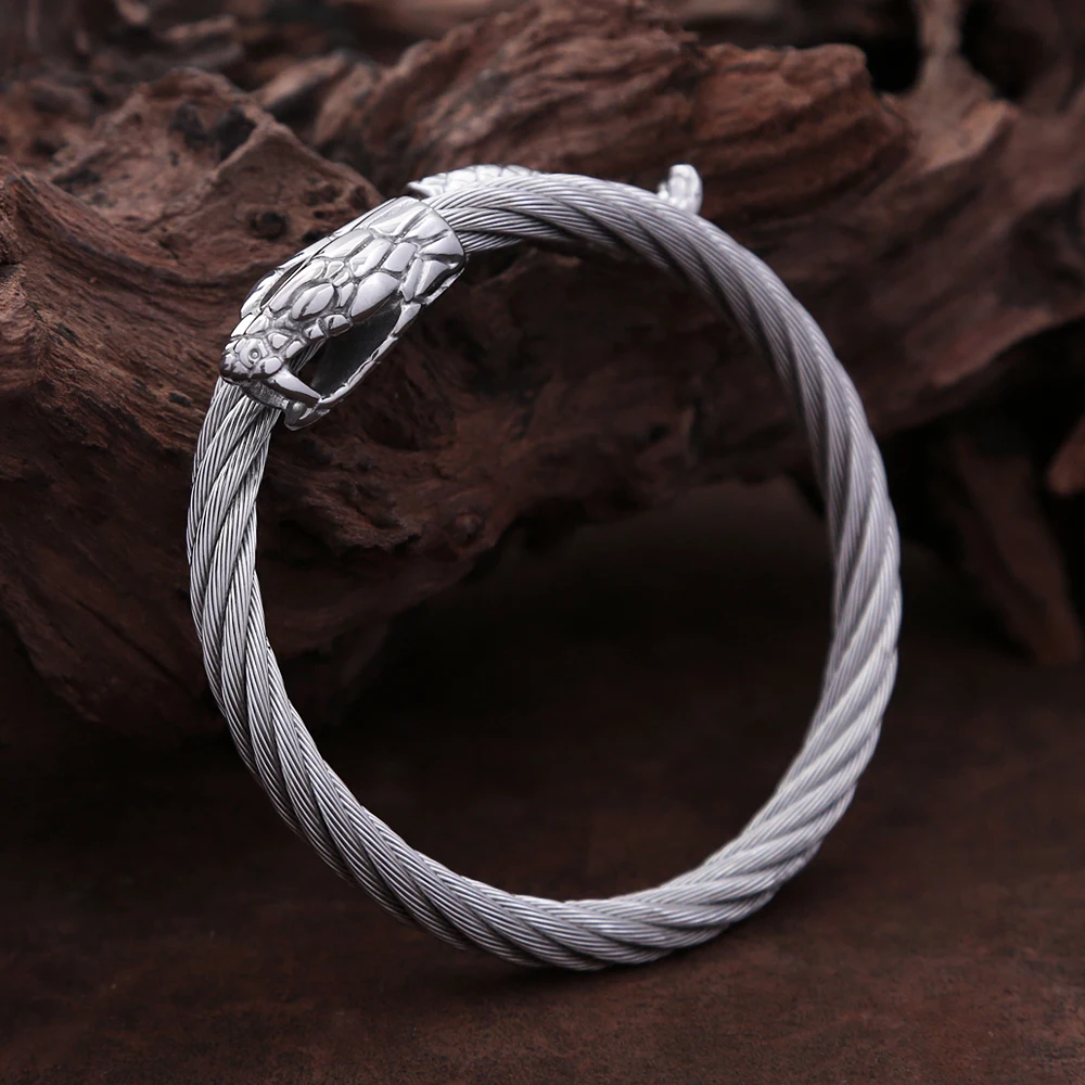 Vintage Nordic Viking Stainless Steel Snake Head Bracelet For Men Boys ...