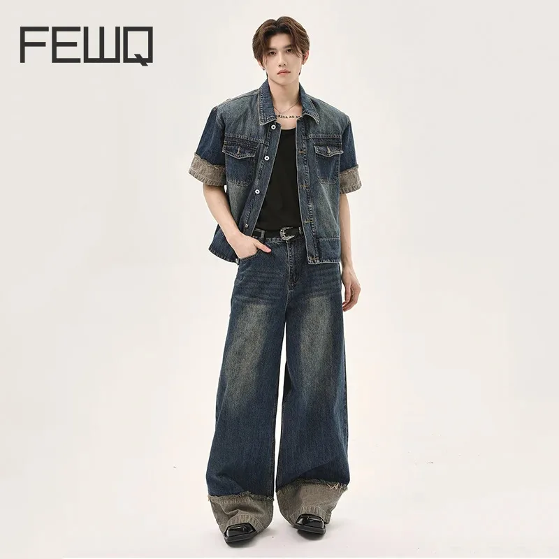 FEWQ Men's Sets Turn-down Collar Patchwork Single Breasted Casual Denim ...