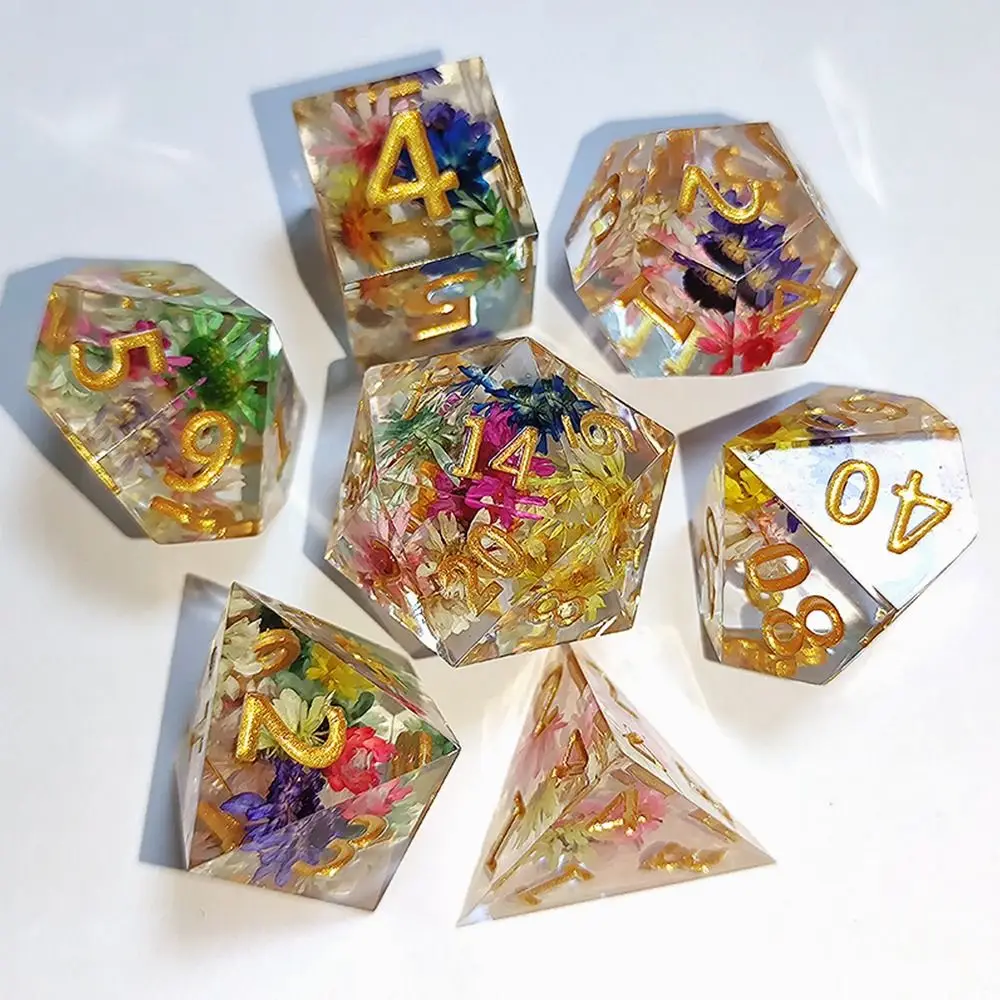 7Pcs Resin Polyhedral Dice Set Transparent Flower Design Dices Table ...