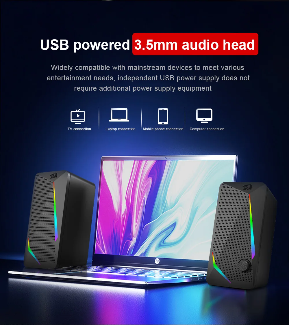 REDRAGON GS510 Waltz 3.5mm aux 2.0 stereo surround music RGB Gaming speakers sound bar for ...