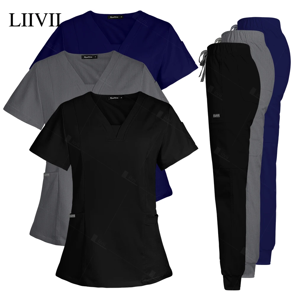 Grey-Black-Clinical-Workwear-Women-Scrub-Set-Nurse-Nursing-Uniform ...