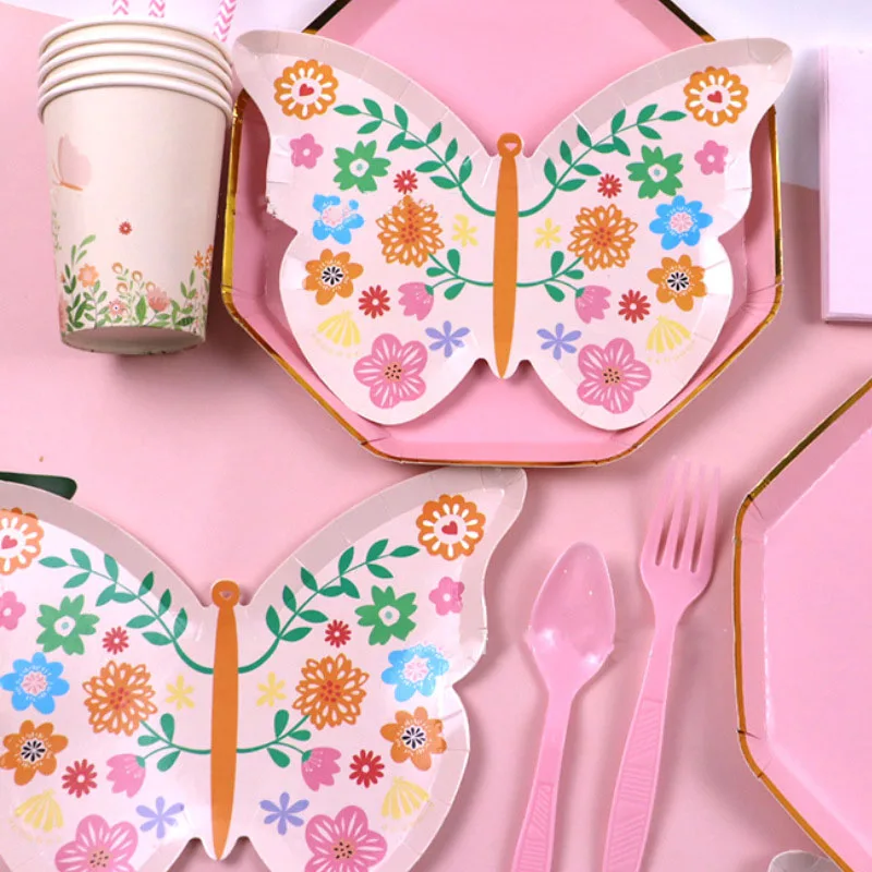 Pink Butterfly Shape Disposable Paper Plate Plant Flower Printed ...