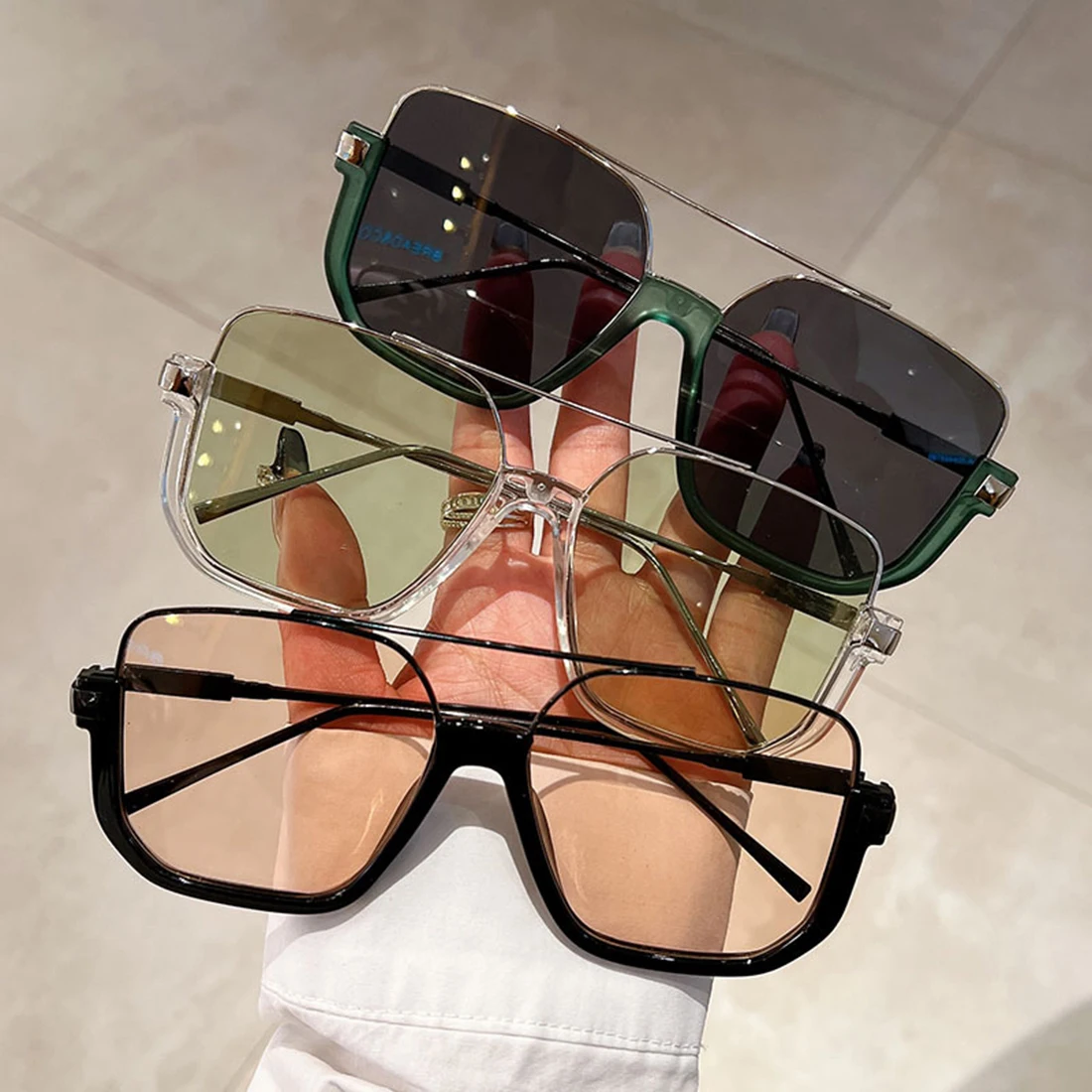 Fashion-Vintage-Big-Square-Sunglasses-Half-Metal-Frame-UV400-Sun-Shades ...