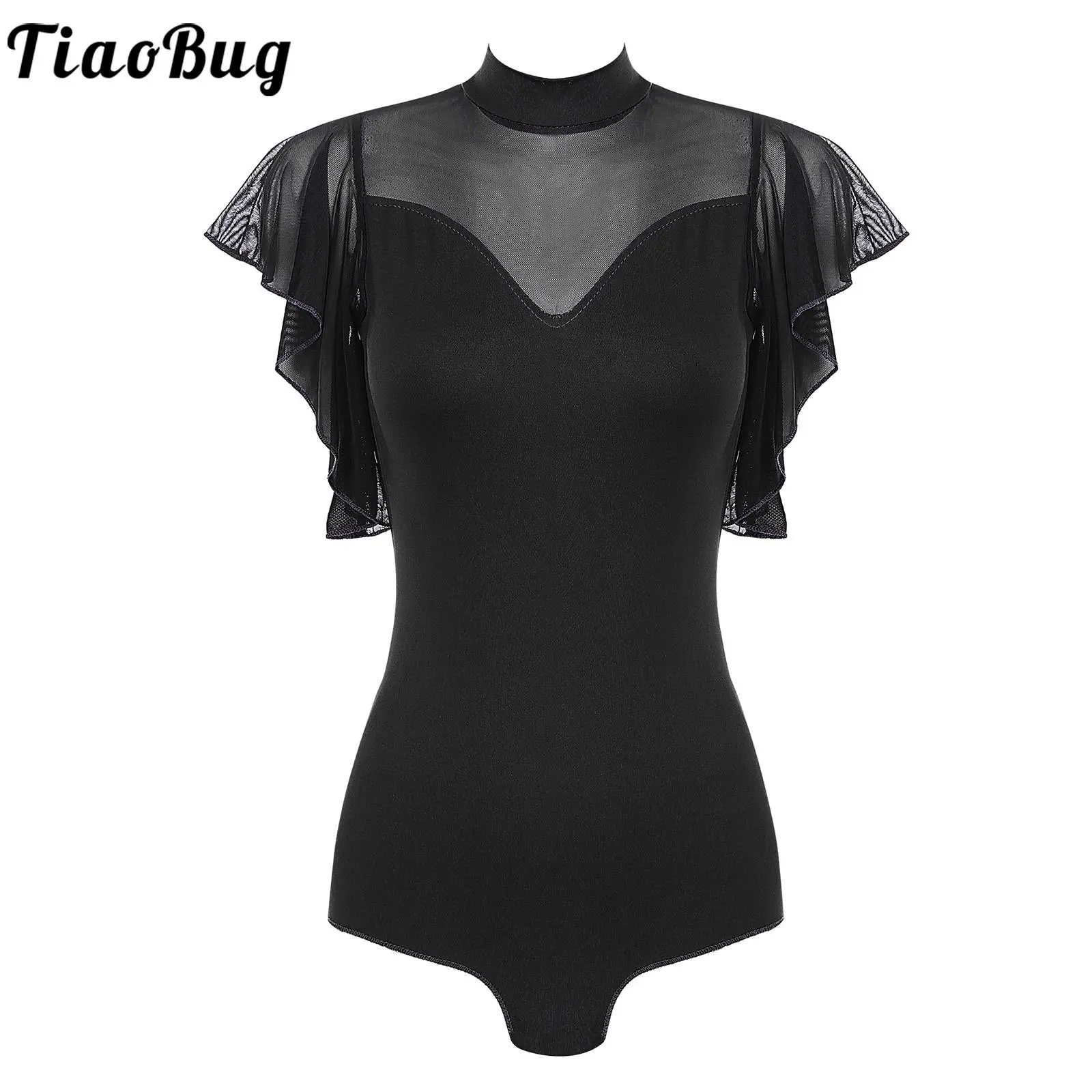 Womens Ruffle Mesh Short Sleeve Leotard Cha-Cha Latin Dance Stage ...