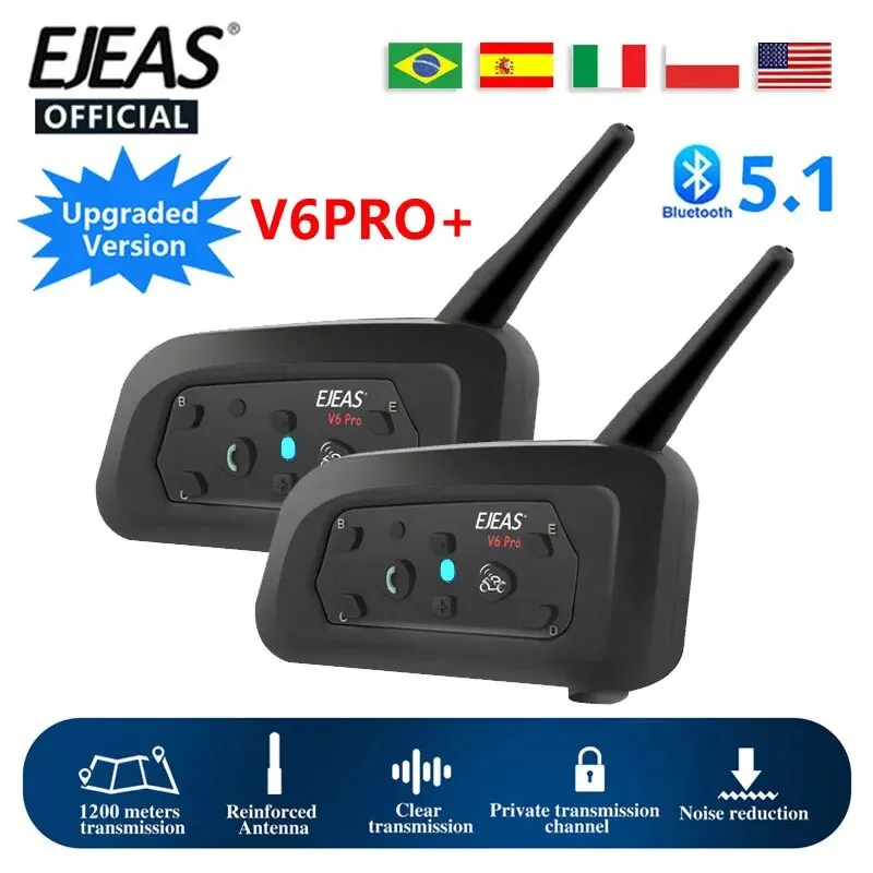 EJEAS V6 PRO+ Motorcycle Intercom Helmet Bluetooth Headset 6 Riders ...