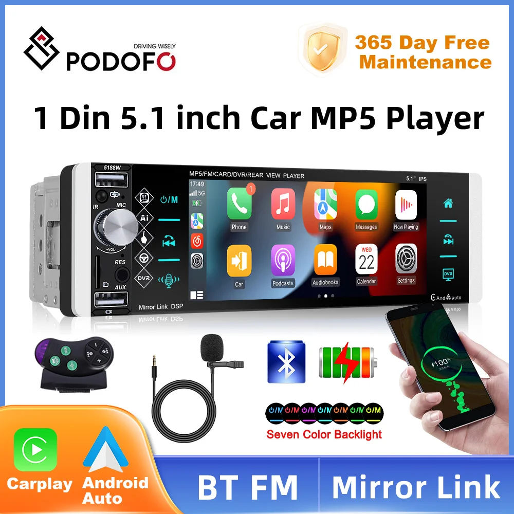 Podofo-1-Din-Carplay-Android-auto-Car-mp5-Player-5-1-HD-Touch-Screen ...
