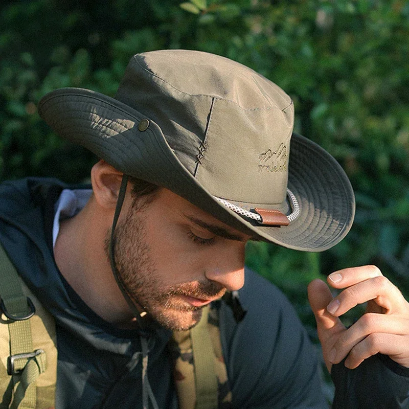 Men Bucket Hat Letter Embroidery Leather Label Cowboy Hat Waterproof ...