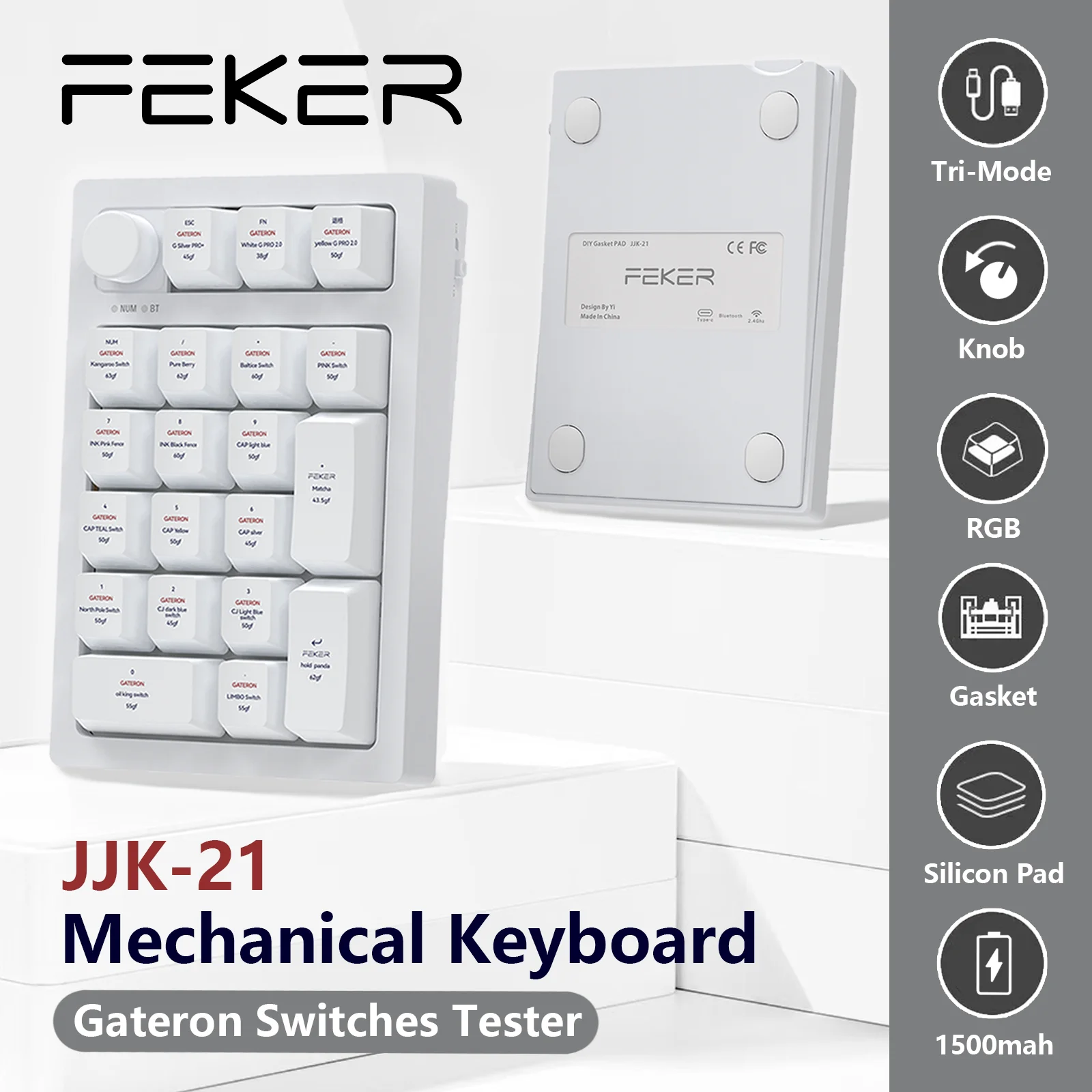 FEKER JJK21 게이트론 스위치 테스터, 기계식 키보드, 숫자 패드, DIY 키트, 3 가지 모드, RGB 1500mah ...