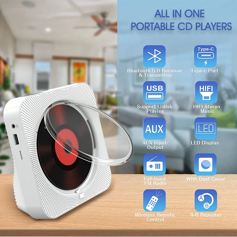 Portable-Home-CD-Player-Fm-Radio-Wall-Mountable-Retro-Bluetooth ...