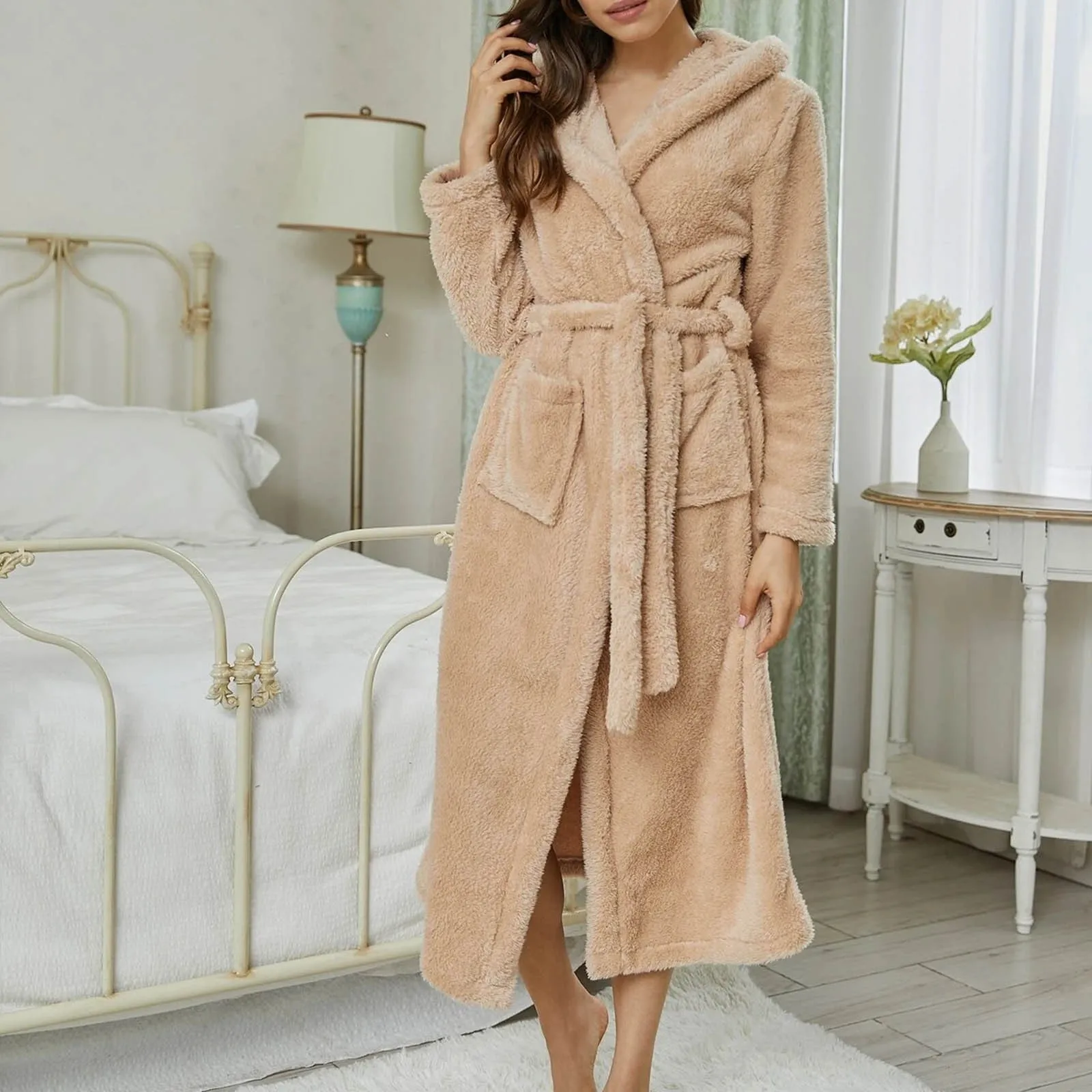 Womens-Plush-Flannel-Robe-Autumn-Winter-New-Soft-Fleece-Kimono-Bathrobe ...