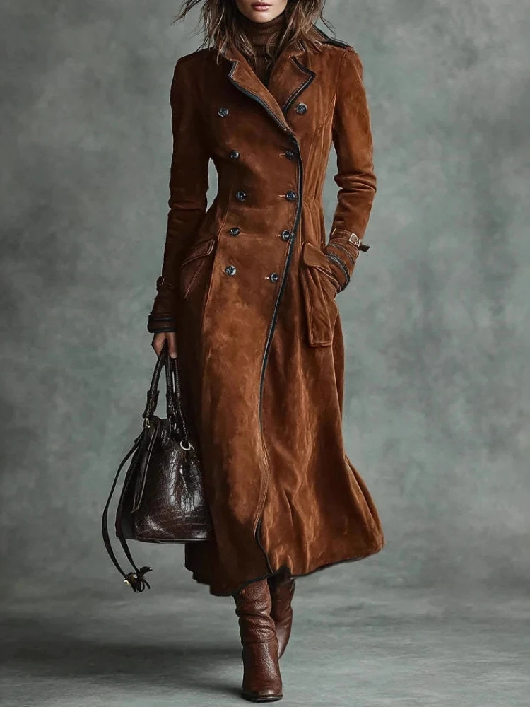 Chic Faux Suede Long Trench Coat Women Lapel Double Breasted Full ...