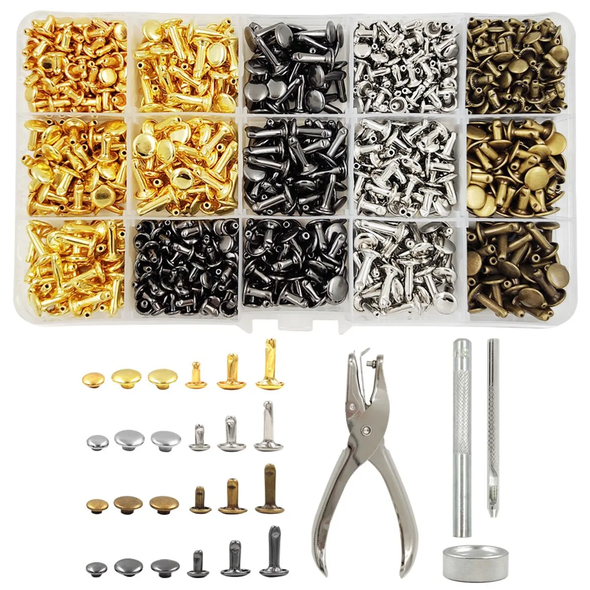 240-480Sets-Metal-Double-Cap-Rivet-Stud-Round-Nail-Spike-With-Tool-Kits ...