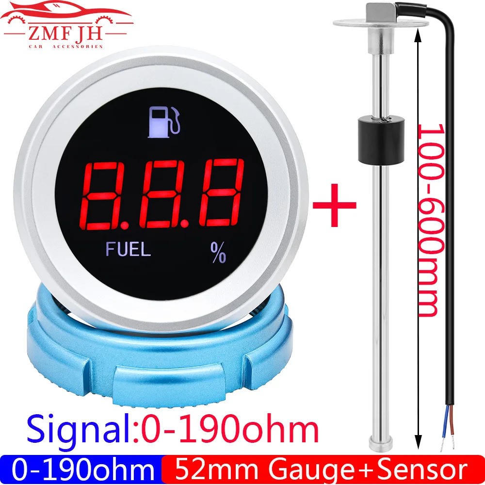 Red Light Digital 52mm Fuel Level Gauge+Fuel Level Sensor 100~600MM 0 ...