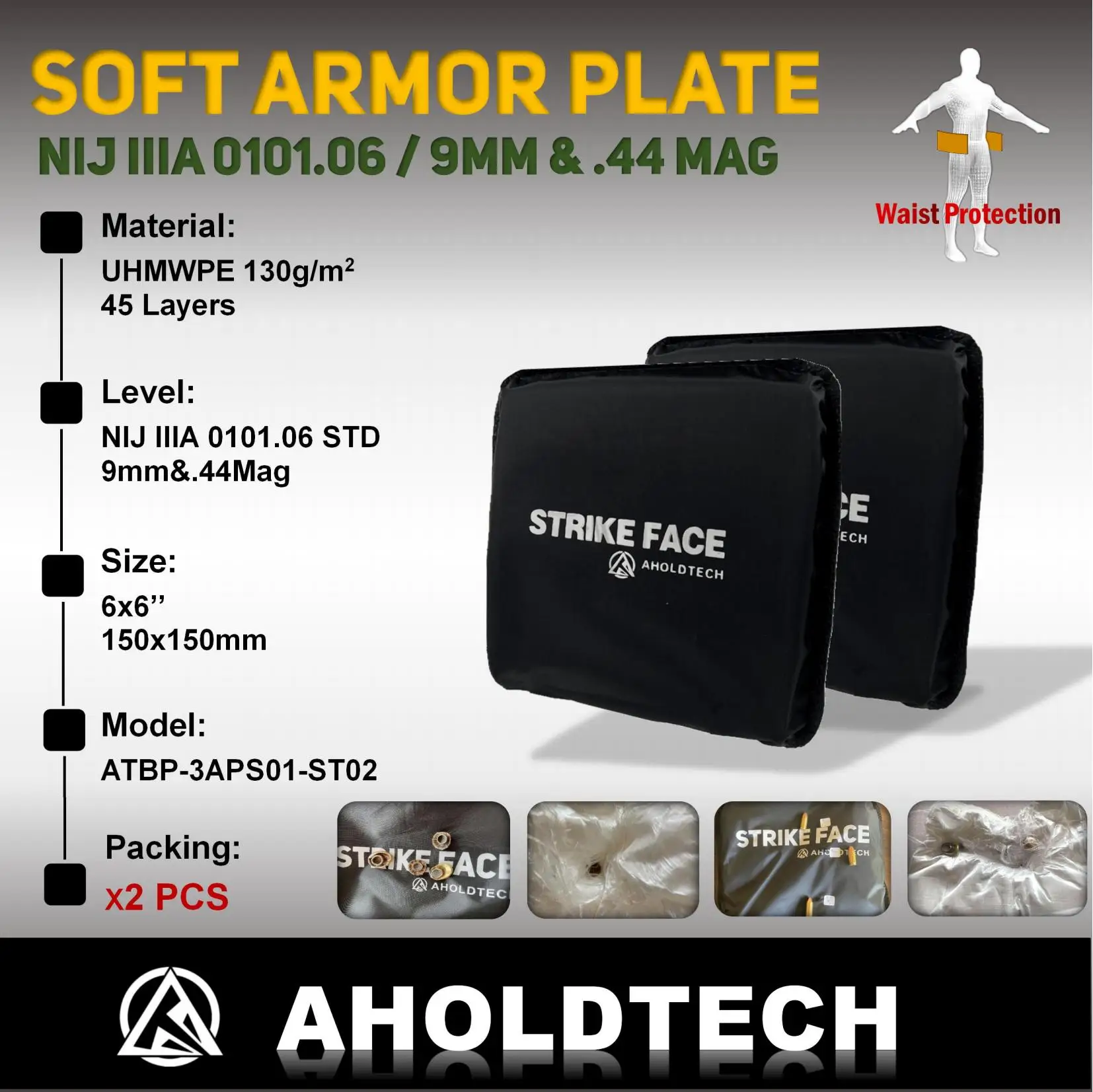 Aholdtech-2PCS-ST02-6X6-150-150-NIJ-IIIA-3A-Soft-Bulletproof-Plate ...