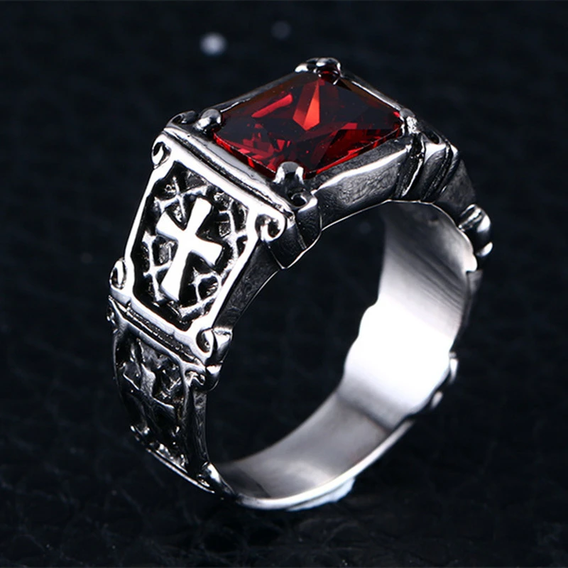Fashion Personality Exquisite Red Zircon Cross Pattern Ring Charm Men's Party Jewelry ...