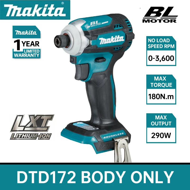 Makita DTD172 무선 임팩트 드라이버, 18V LXT BL 브러시리스 모터, 전기 드릴, 목재 볼트, T 모드 180, N · m 충전식 전동 공구 ...