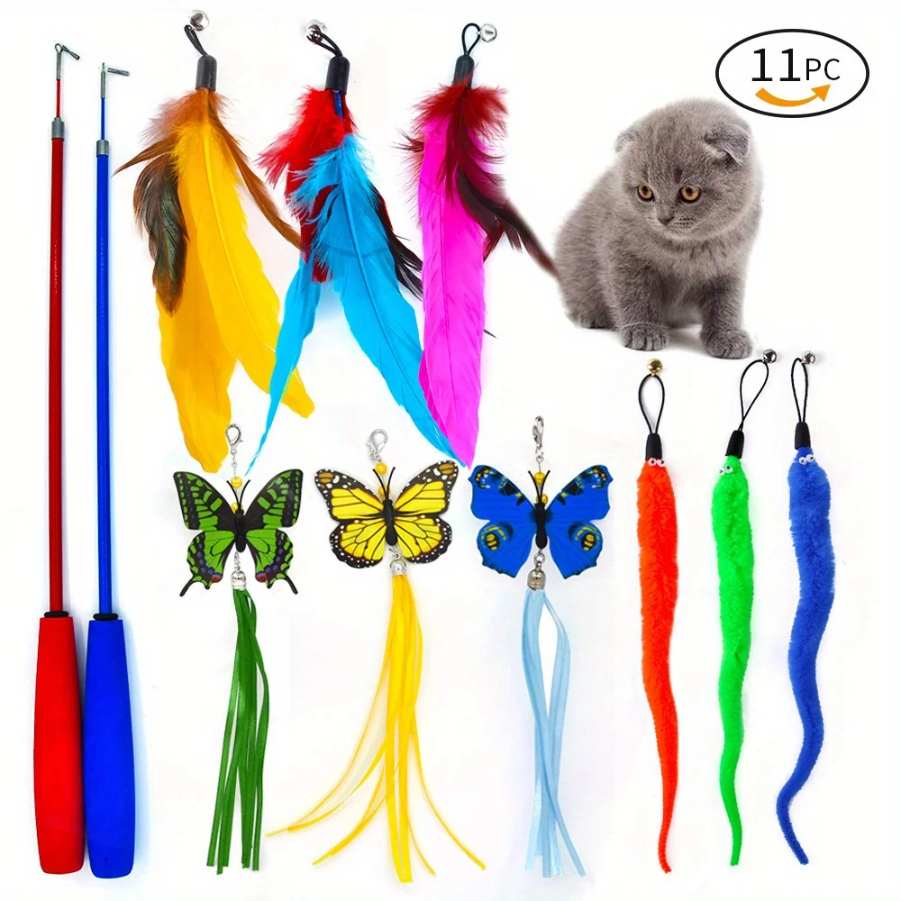 Interactive Cat Toys 11 Pack Funny Feather with Bell Cat Stick Toy for ...