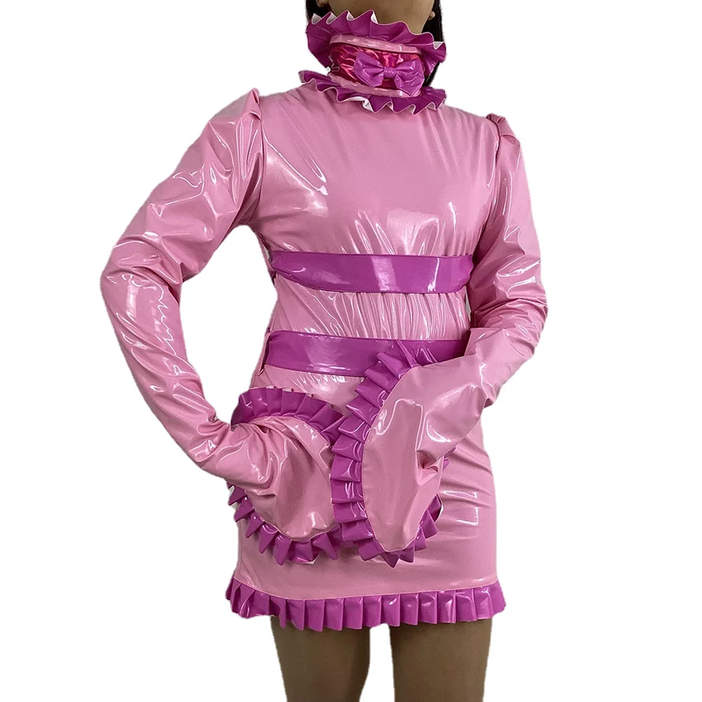 Sissy-Sexy-Lockable-Bodycon-Ruffles-High-Neck-Dress-Shiny-PVC-Leather ...