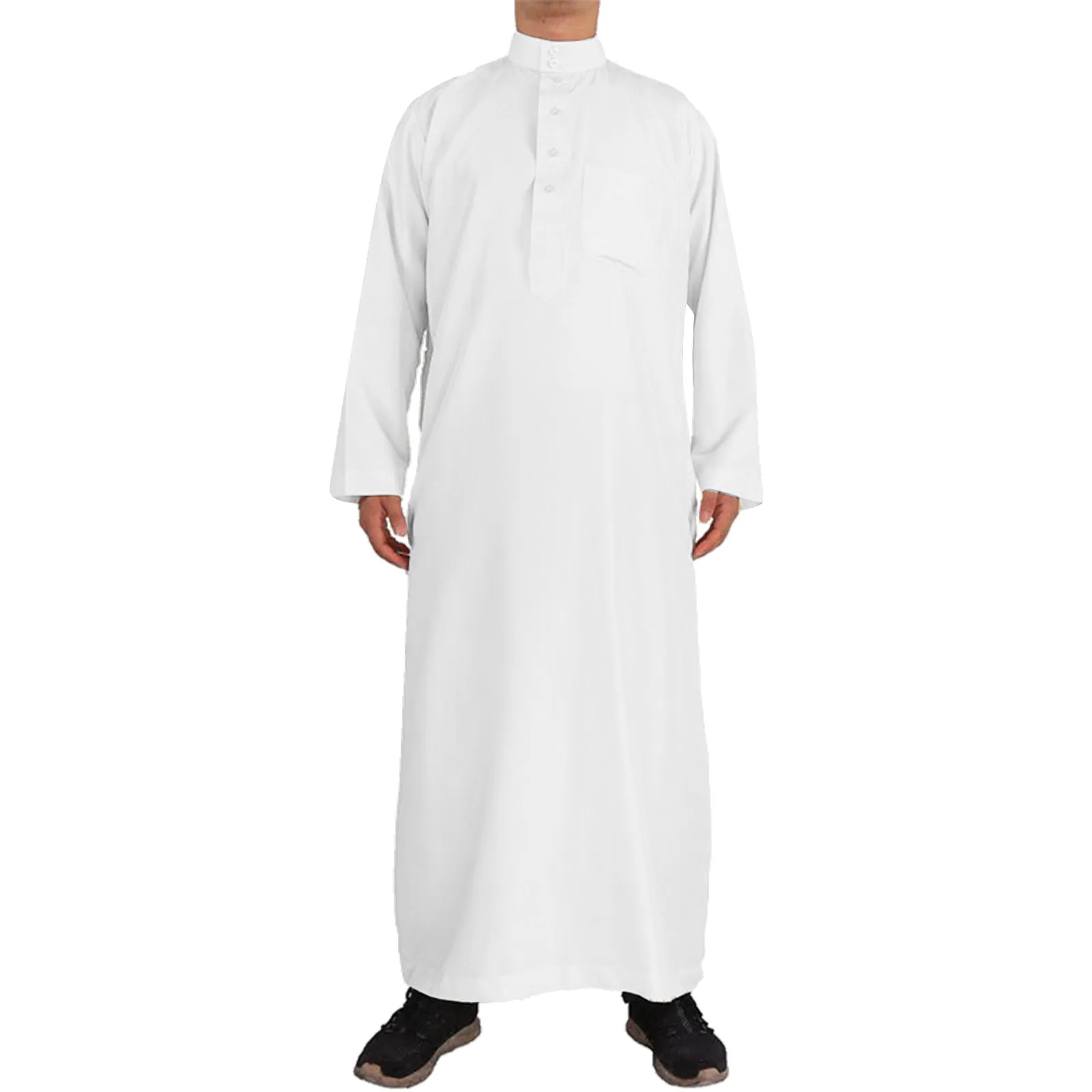 White-Male-Jubba-Thobe-Muslim-Solid-Color-Robe-Thobe-Kaftan-Long-Sleeve ...